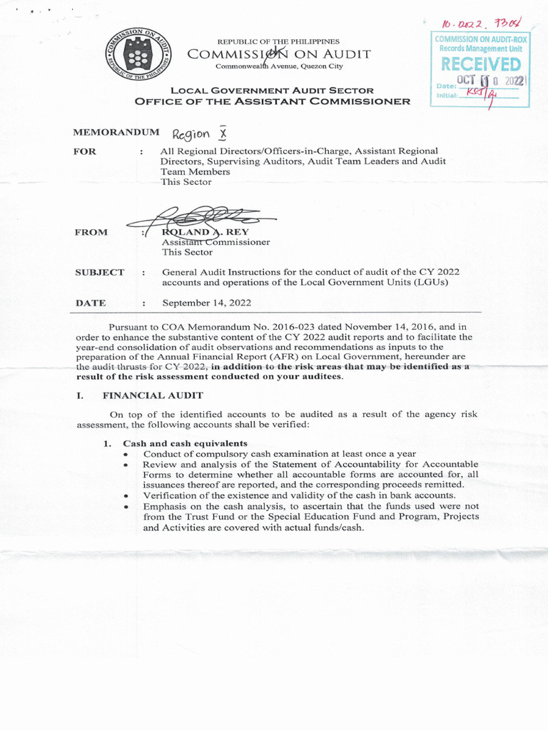 Memorandum Dated Sept.14, 2022, GAI For The Conduct of Audit CY 2022 ...
