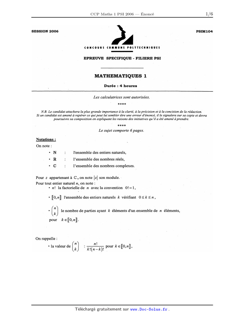 Psi Maths CCP 1 2006.enonce | PDF
