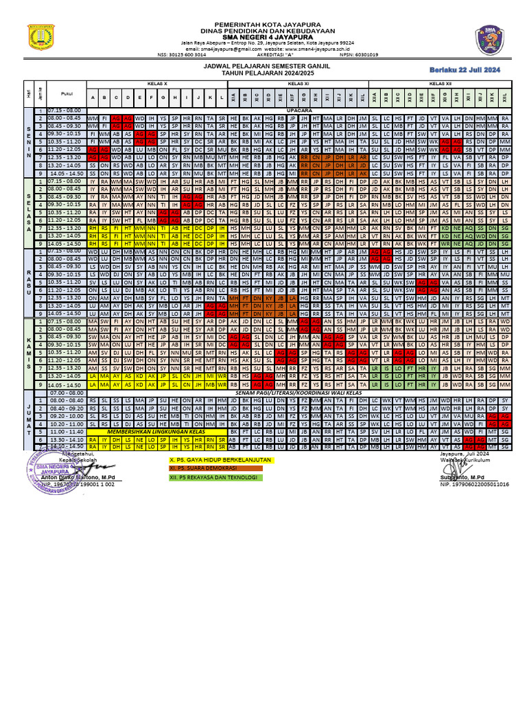 Jadwal Pelajaran 2024-2025 - Revisi | PDF