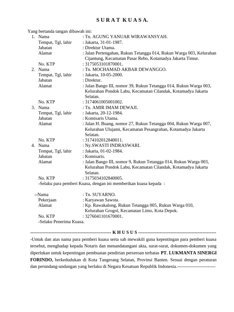 Kuasa Menghadap Pendirian Perseroan - PT Lukmanta Sinergi Forindo | PDF