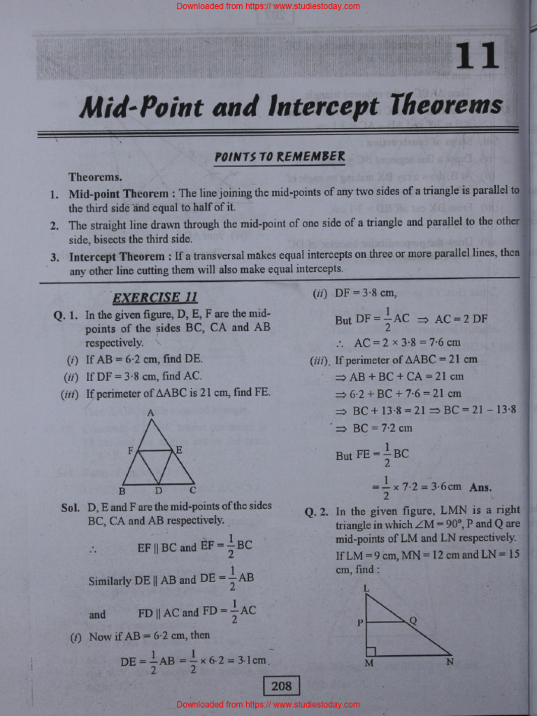 ICSE Class 9 Maths Arun Chapter 11 Mid Point and Intercept Theorems | PDF