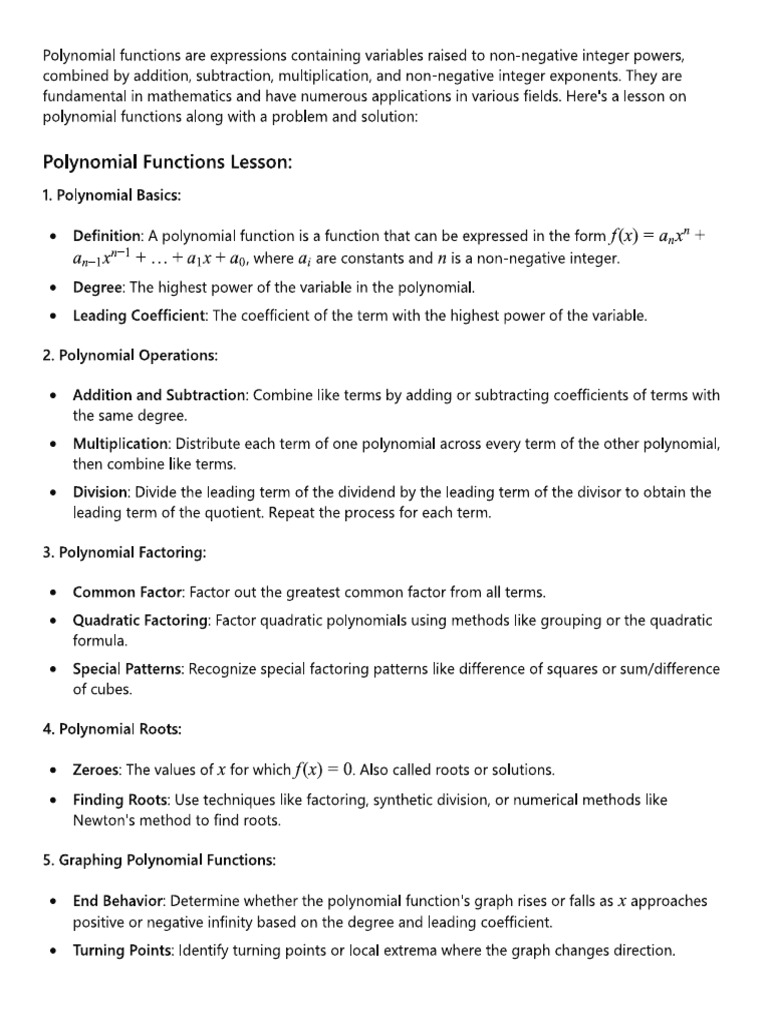 Polynomial Functions Lesson, Problem and Solution | PDF