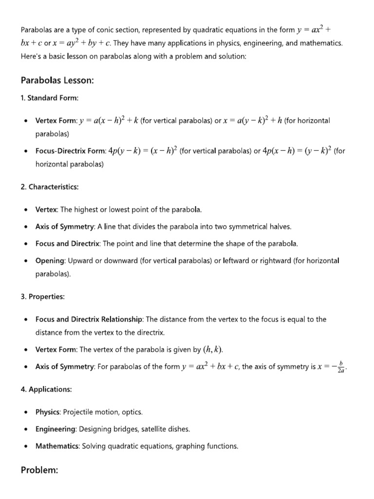 Parabolas Lesson, Problem and Solutions | PDF