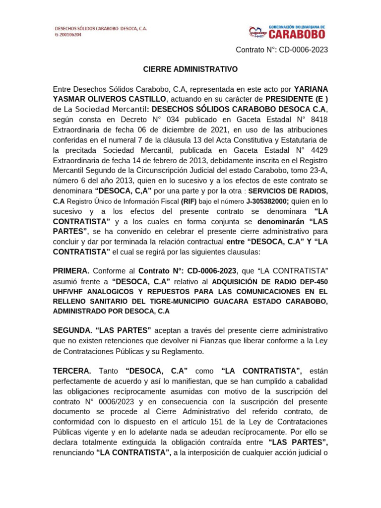 Cierre Administrativo Contrato CD-0006-2023 | PDF | Gobierno | Finanzas y dinero