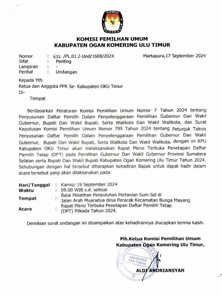 Undangan Penetapan DPT Pilkada Tahun 2024 | PDF