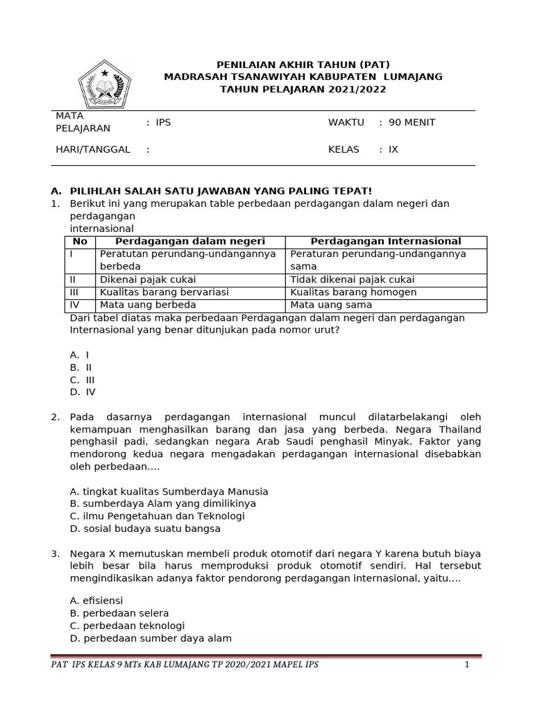 1 IPS SOAL PAT KELAS 9 2021 | PDF