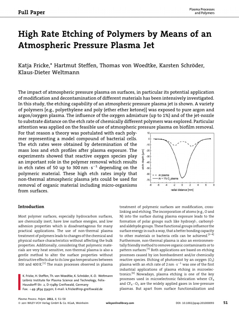 Plasma Processes Polymers - 2010 - Fricke - High Rate Etching of Polymers by Means of An ...