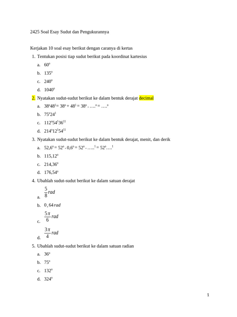 2425 Soal Esay Sudut Dan Pengukurannya | PDF