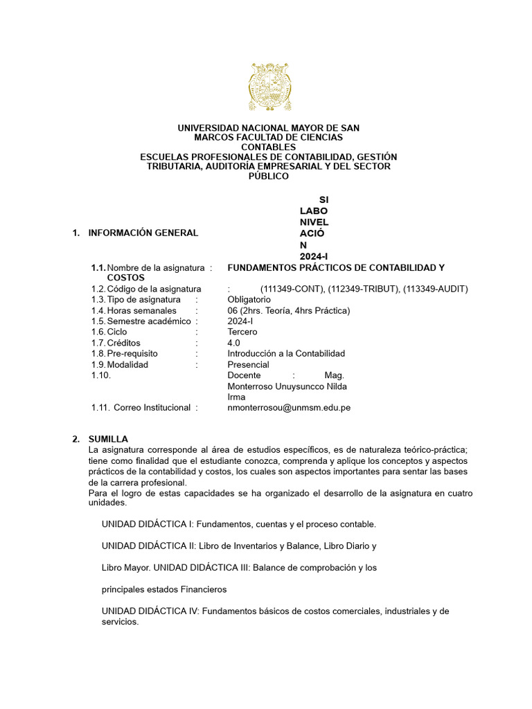 Silabo - Fundamentos Pr-Cticos de Contabilidad y Costos | PDF
