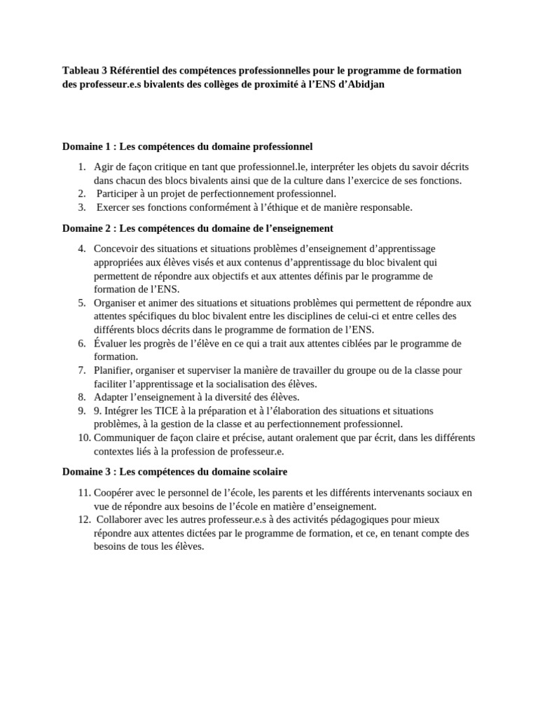 Tableau 3 Référentiel Des Compétences Professionnelles Pour Le ...
