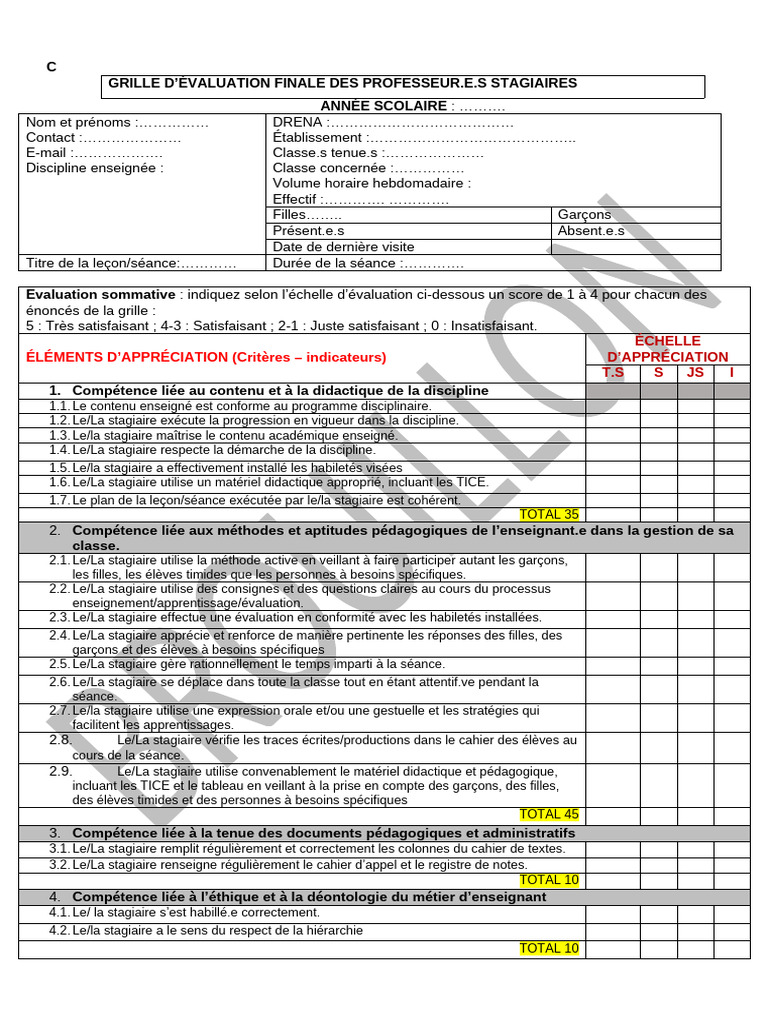 Grille D'évaluation Finale Des Stagiaires Bivalents Version Adoptée | PDF