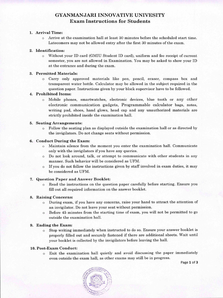 Exam Instructions For Students | PDF