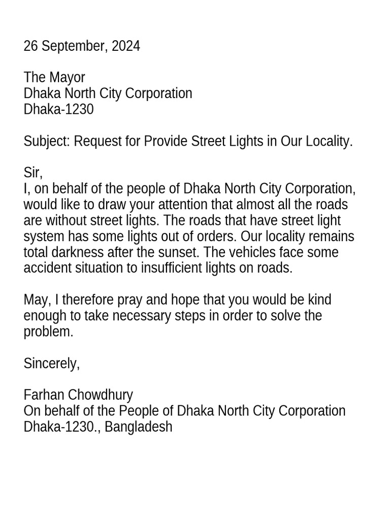 Formal Letter To The Mayor of The Municipality of Your Town Asking Him ...