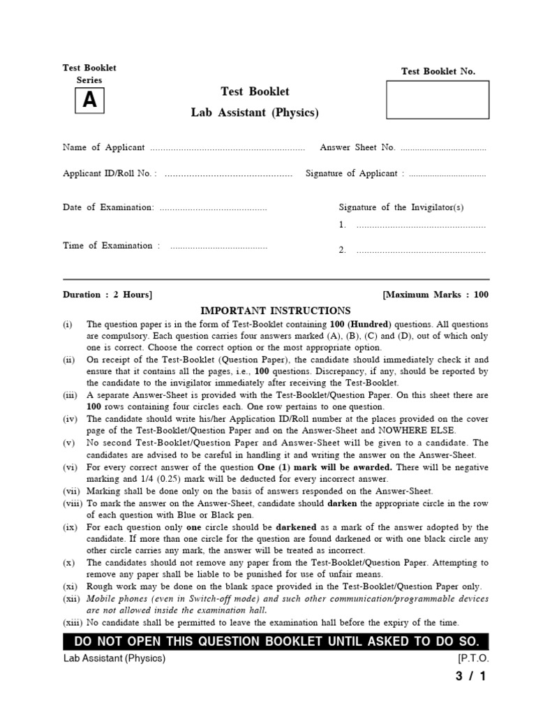 Question Paper-Lab Assistant (Physics) | PDF