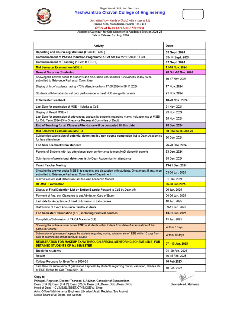 B.tech - 1 Sem - Academic Calendar Odd Term 2024 25 - V 1.00 | PDF