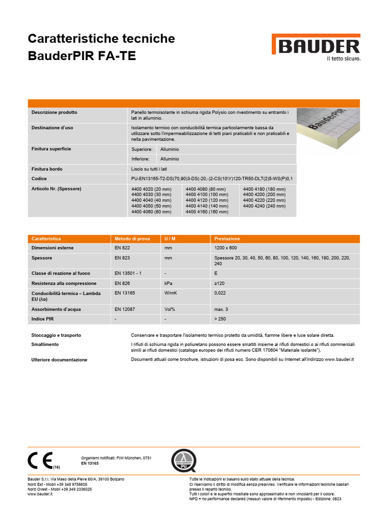 BauderPIR FA-TE - Caratteristiche Tecniche 44004000 - 0823 - IT IT | PDF