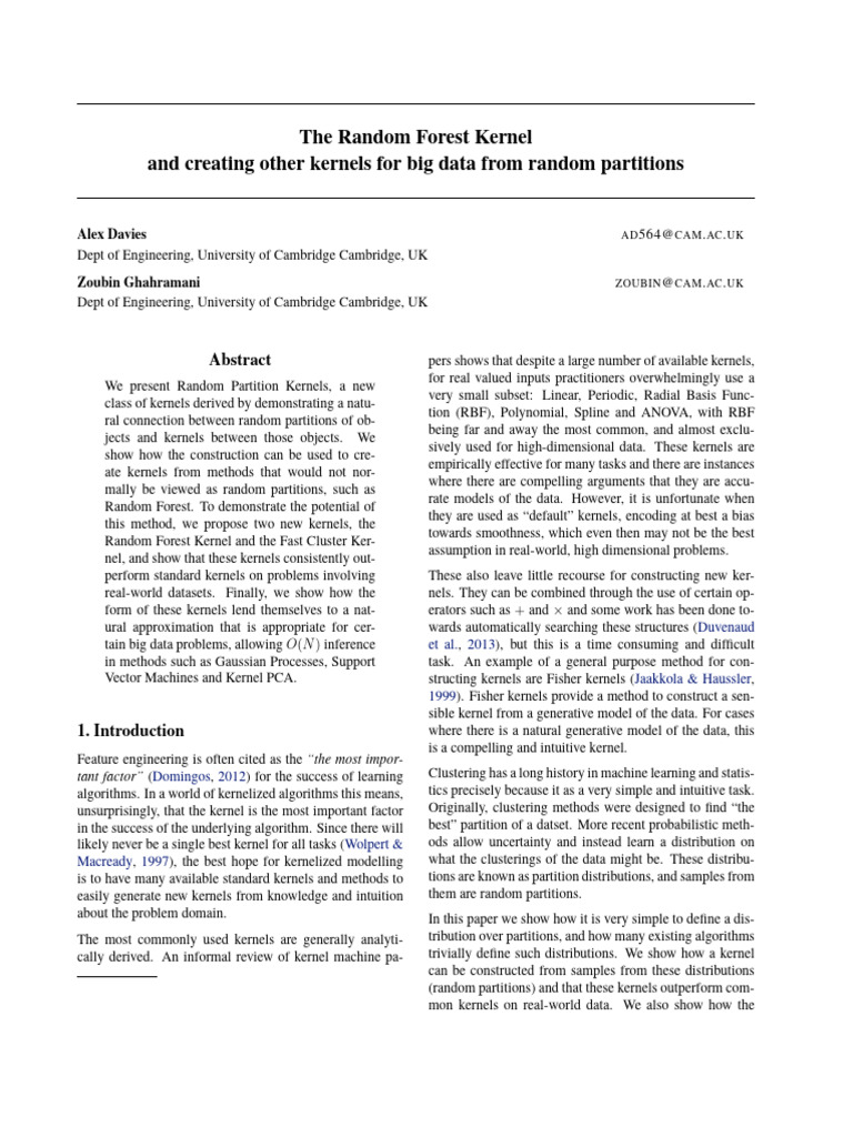 The Random Forest Kernel and Creating Other Kernels For Big Data From Random Partitions | PDF
