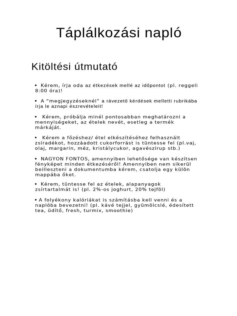 Táplálkozási Napló Sablon | PDF