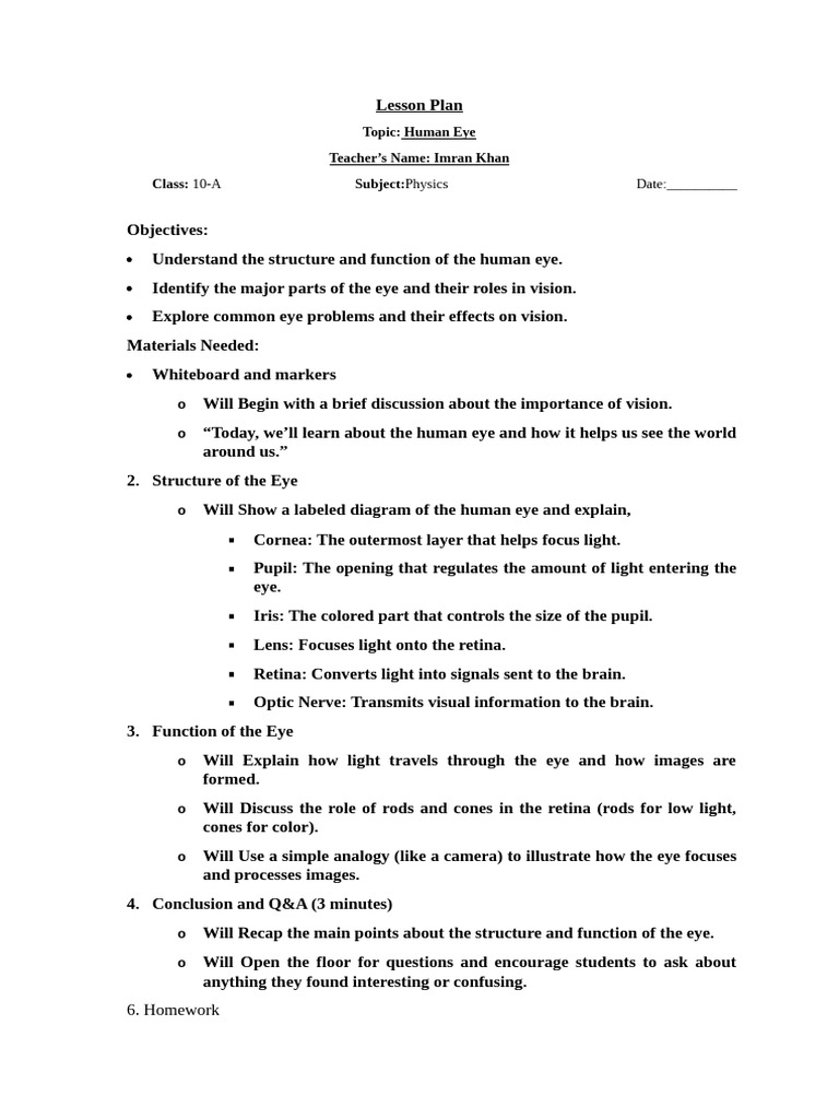 Human Eye Structure & Function Lesson | PDF
