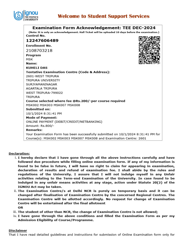 IGNOU - Examination Form Acknowledgement - KUHELI | PDF