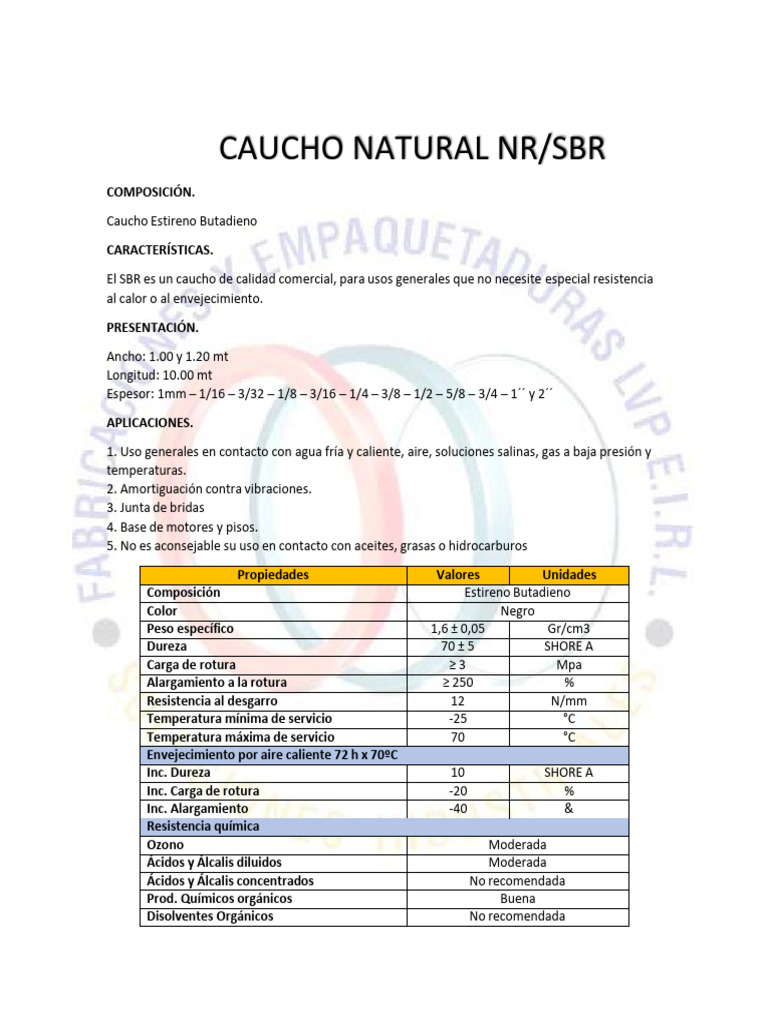 Ficha Técnica Caucho Natural (SBR) NIC | PDF