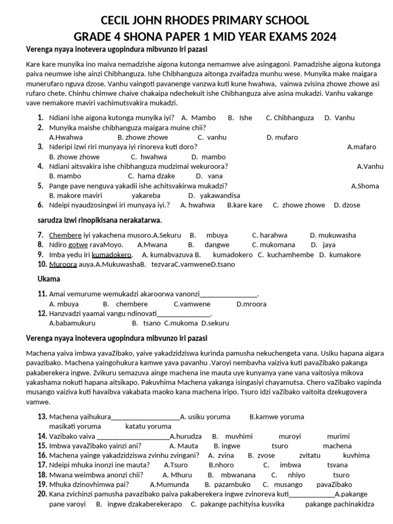 CJR Grade 4 Shona Paper 1 Midyear Exams 2024 | PDF