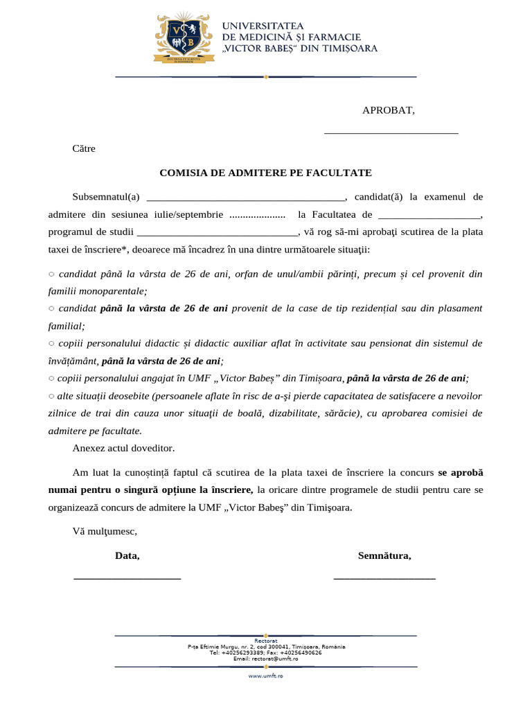 Cerere_scutire-taxa-inscriere_admitere-2024 | PDF