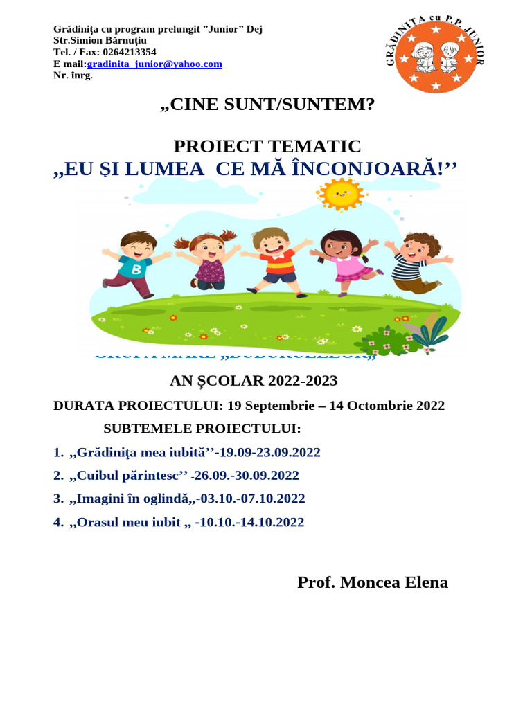 Proiect Tematic Eu Si Lumea Mea Grupa Mare | PDF