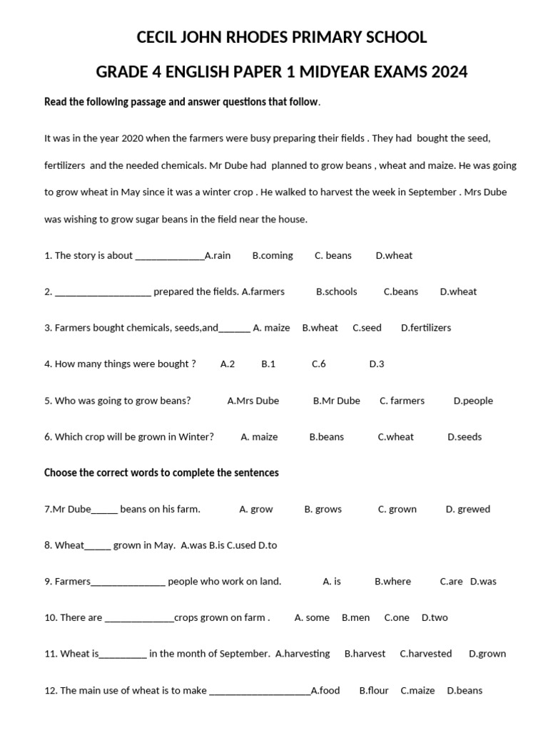 CJRgrade 4 English Paper 1 Midyear Exams 2024WPS Office | PDF | Wheat ...