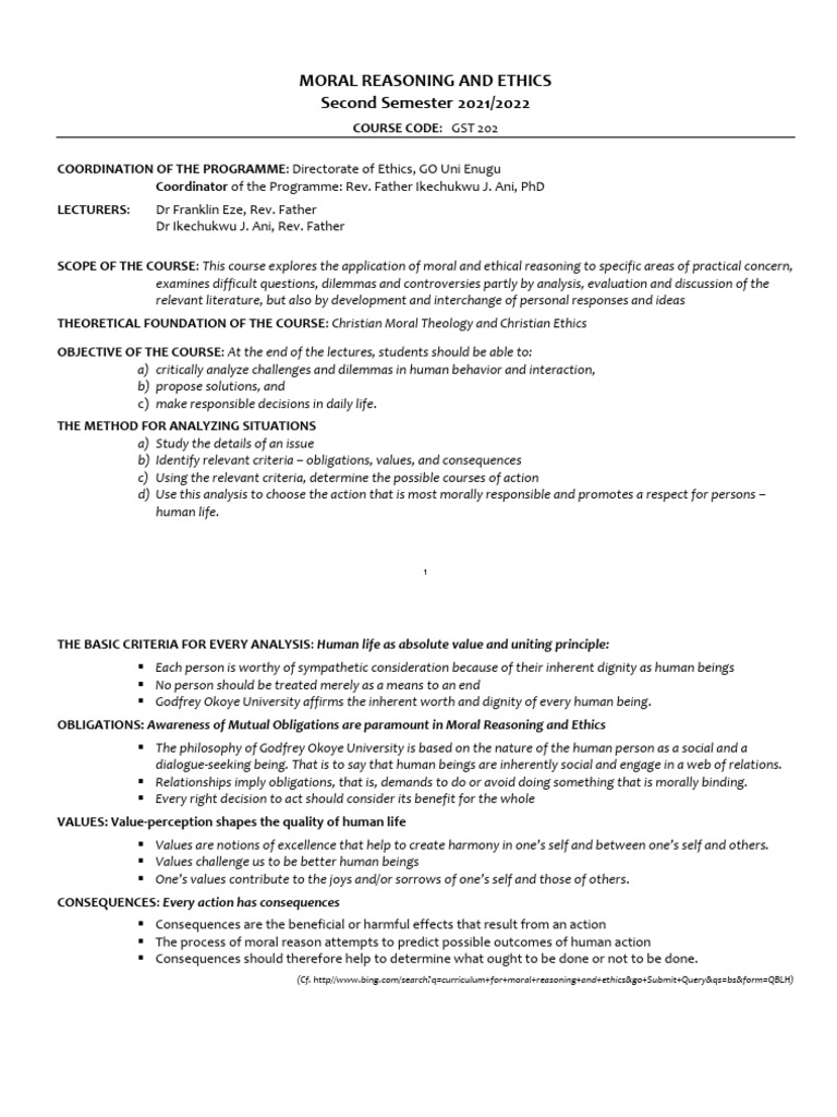 GST 202 - Moral Reasoning and Ethics - Lecture Note-1 | PDF