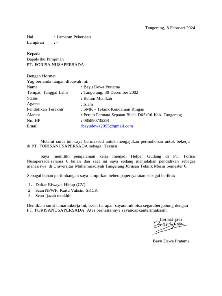 Surat Lamaran Kerja PT. Forisa Nusapersada | PDF