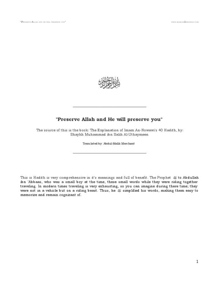 "Preserve Allah and He Will Preserve You" by Shaykh Muhammad Ibn Salih ...