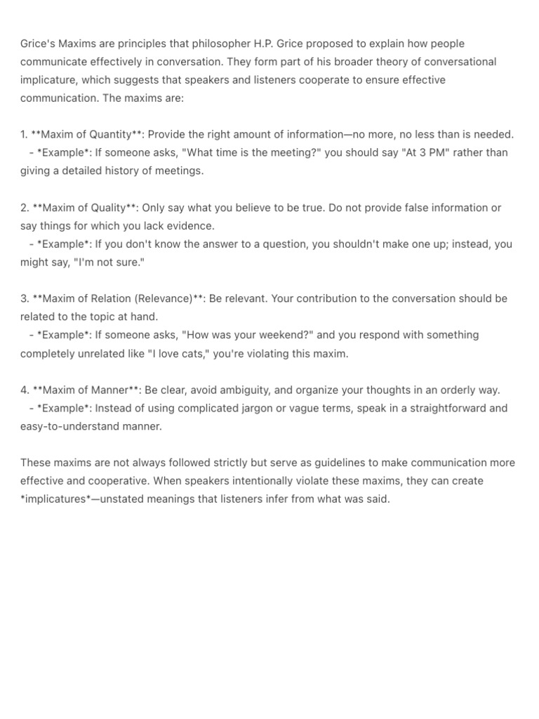 Grice's Maxims Are Principles That Philosopher H.P. Grice Proposed | PDF