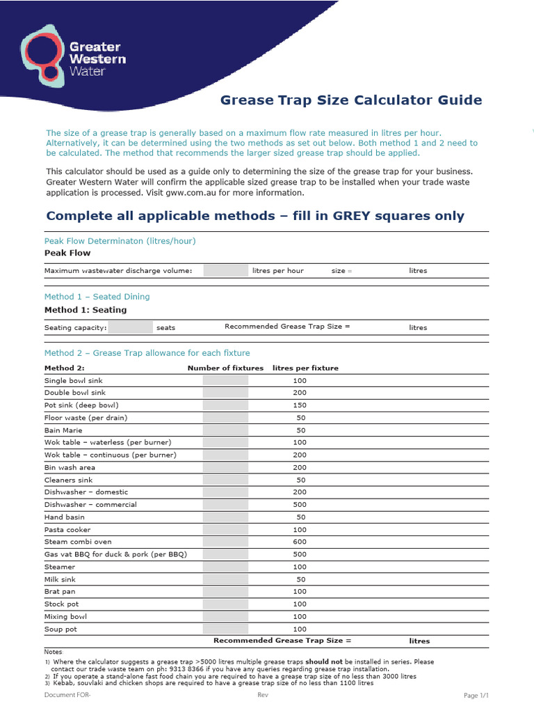 Grease Trap Sizing Calculator Guide | PDF