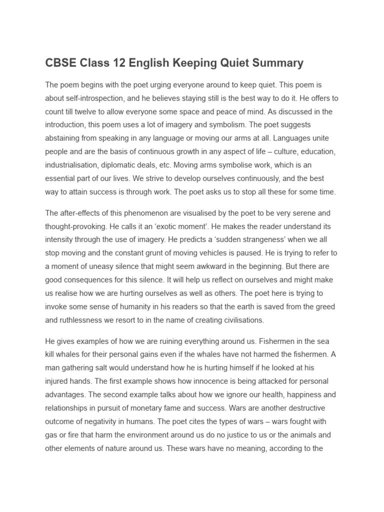 CBSE Class 12 English Keeping Quiet Summary | PDF