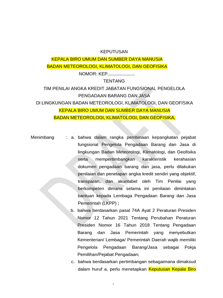 Draft SK Tim Penilai Dan Sekretariat Tim JFT PBJ - 2021 | PDF