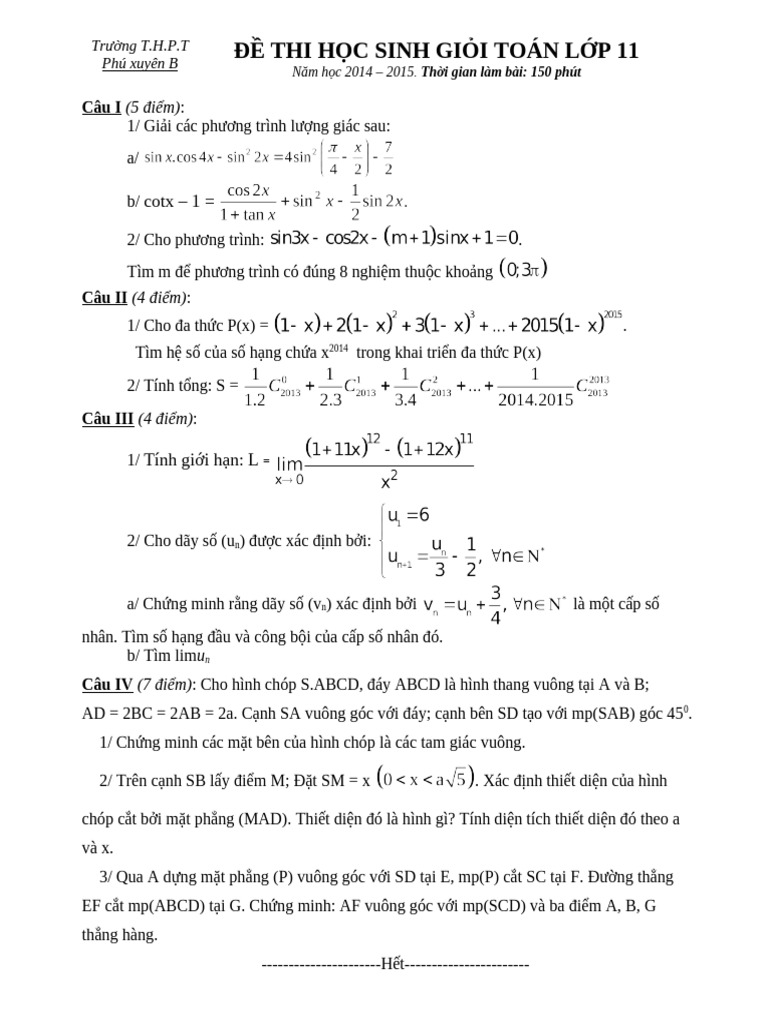 Đề thi HSG 11 - 2014-2015 | PDF