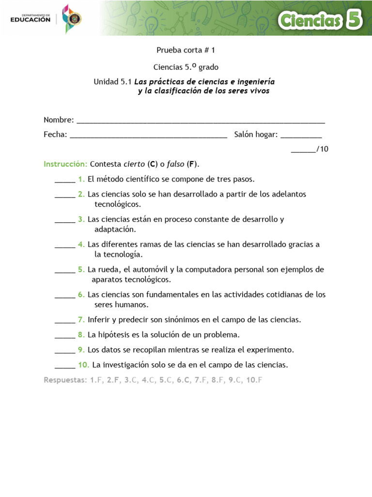 Ciencias 5.u1 Pruebacorta1 | PDF