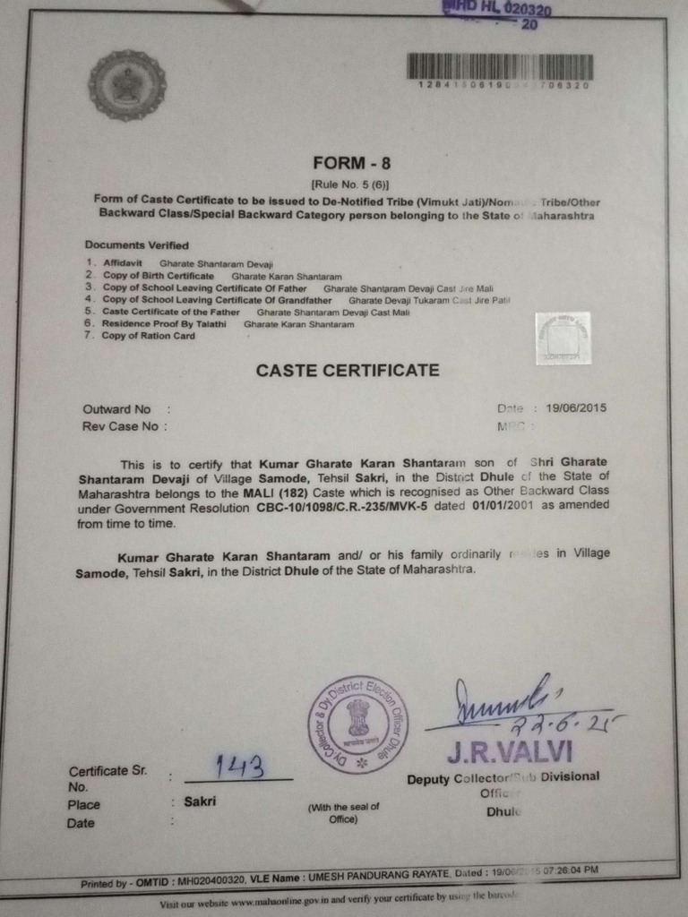 Caste Certificate KG | PDF