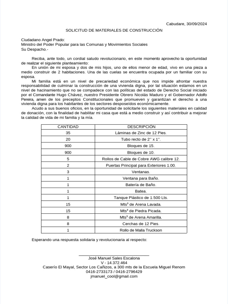 PDF Solicitud de Donacion de Materiales de Construccion | PDF
