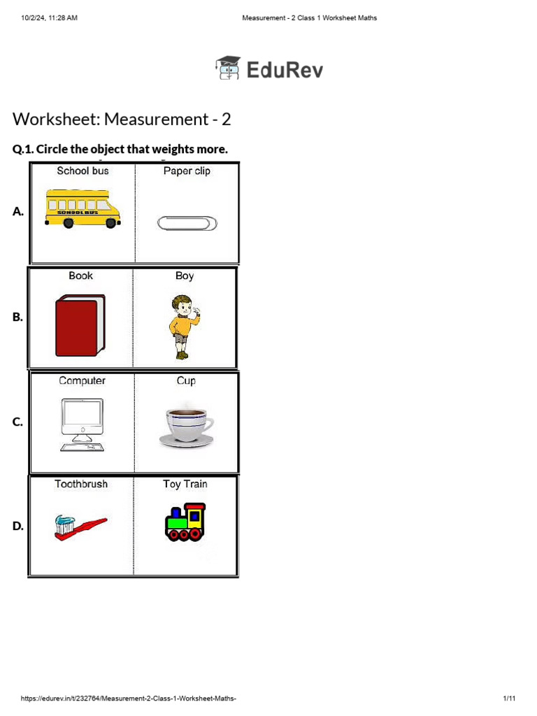 Measurement - 2 Class 1 Worksheet Maths | PDF