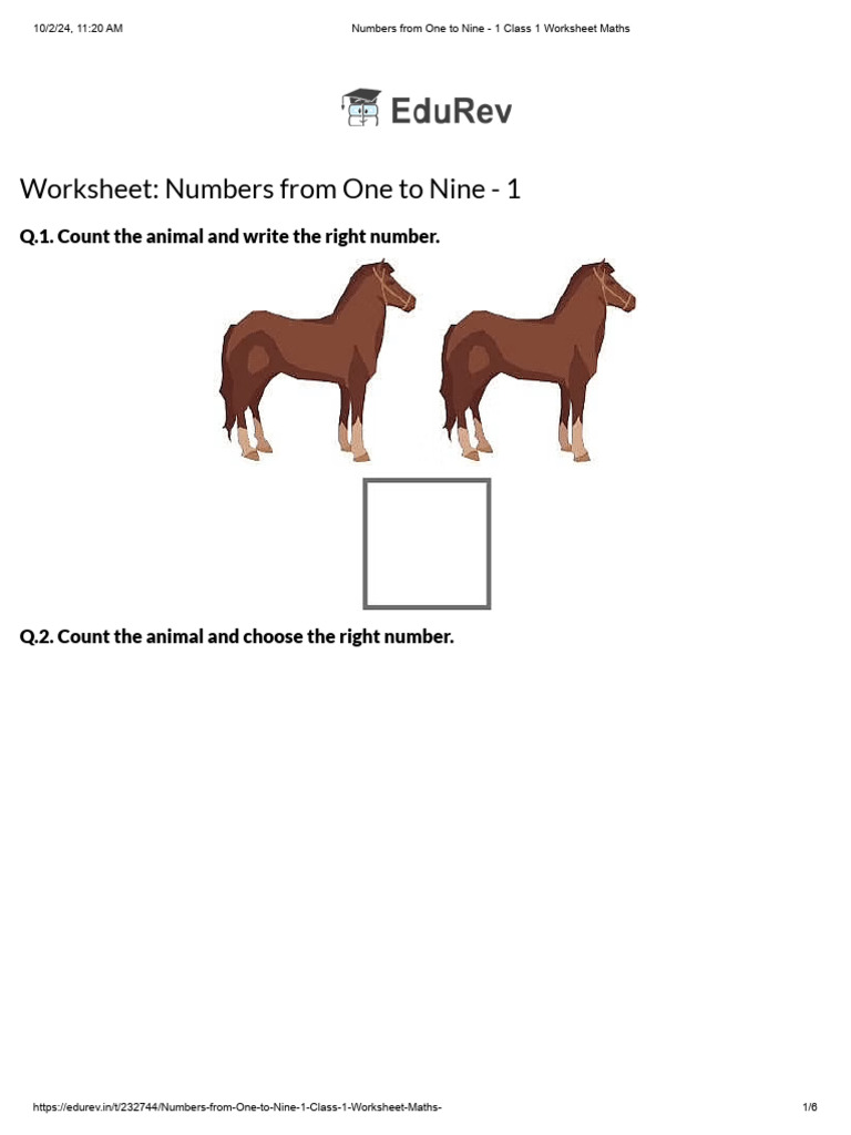 Numbers From One To Nine - 1 Class 1 Worksheet Maths | PDF | Teaching ...