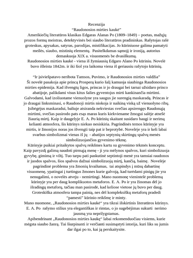 Recenzija ,,raudonosios Mirties Kaukė" | PDF