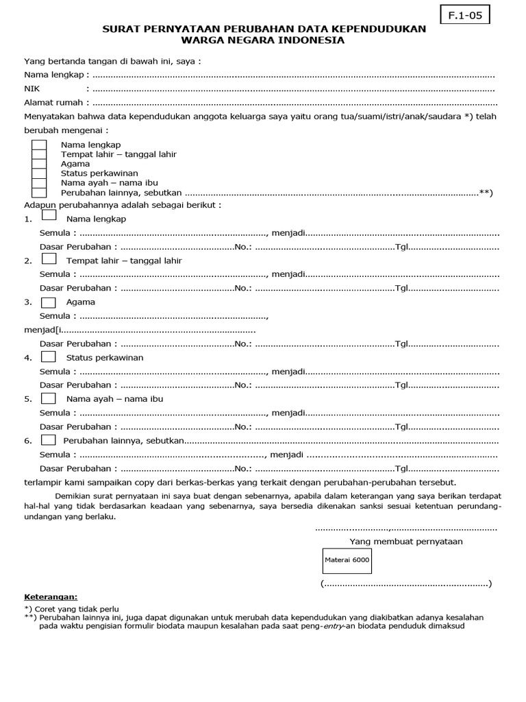 Surat Pernyataan Perubahan Data Kependudukan_pdf | PDF