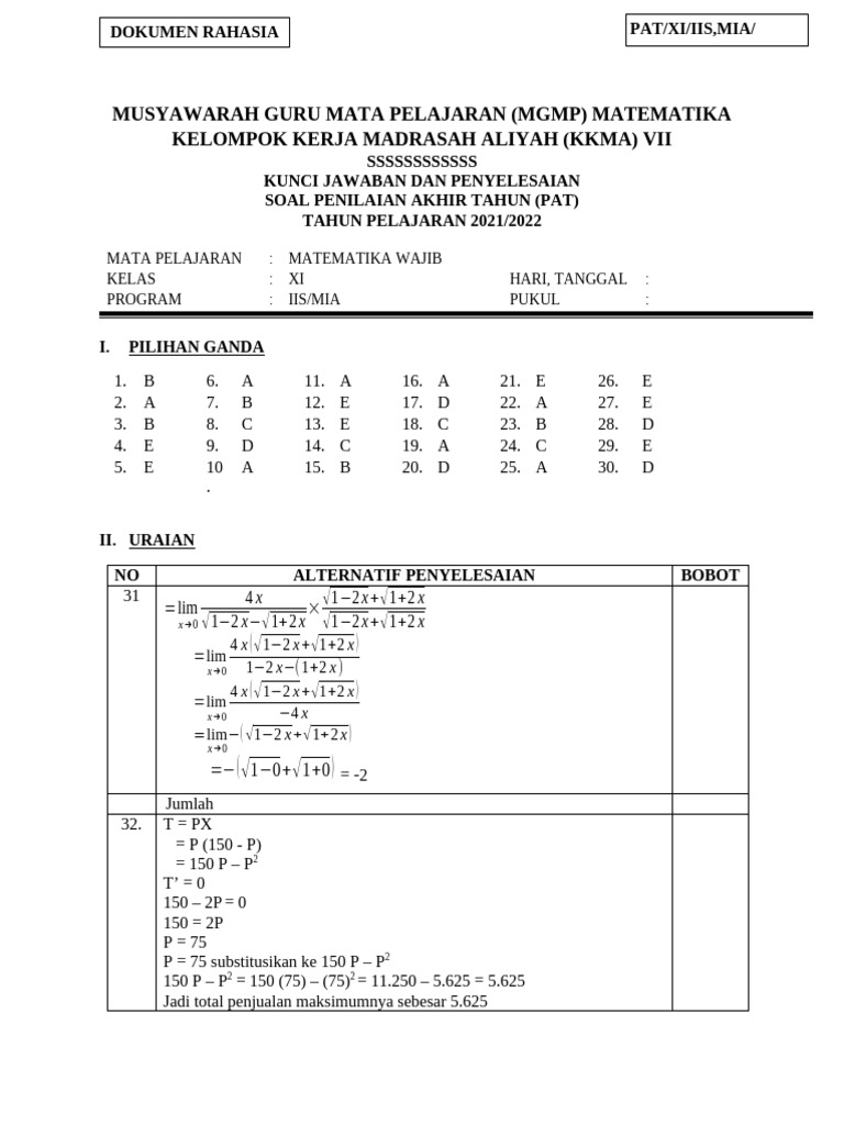 Kunci Jawaban MTK Wajib Pat Xi | PDF