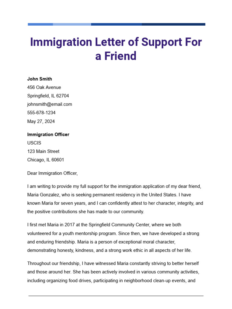 Immigration-Letter-of-Support-For-a-Friend | PDF