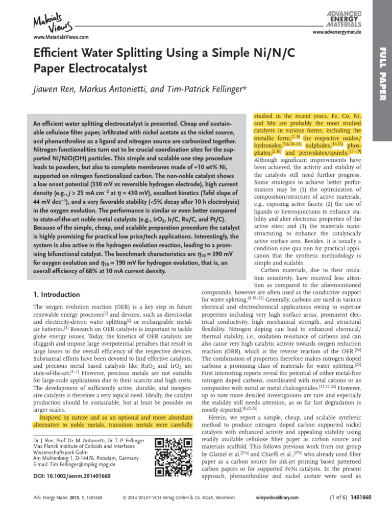Effi Cient Water Splitting Using A Simple Ni/N/C Paper Electrocatalyst ...