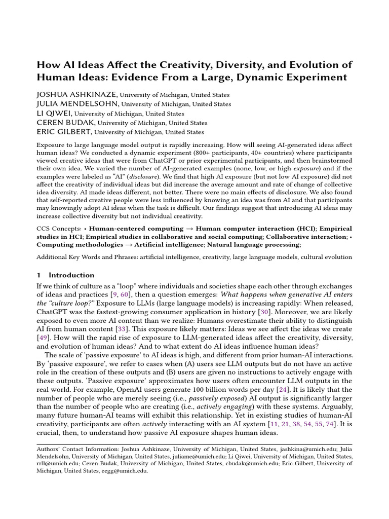 How AI Ideas Affect The Creativity, Diversity, and Evolution of Human ...