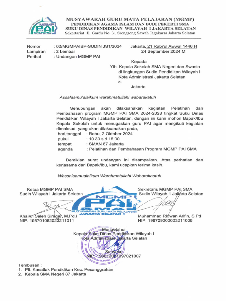 Surat Undangan MGMP PAI | PDF