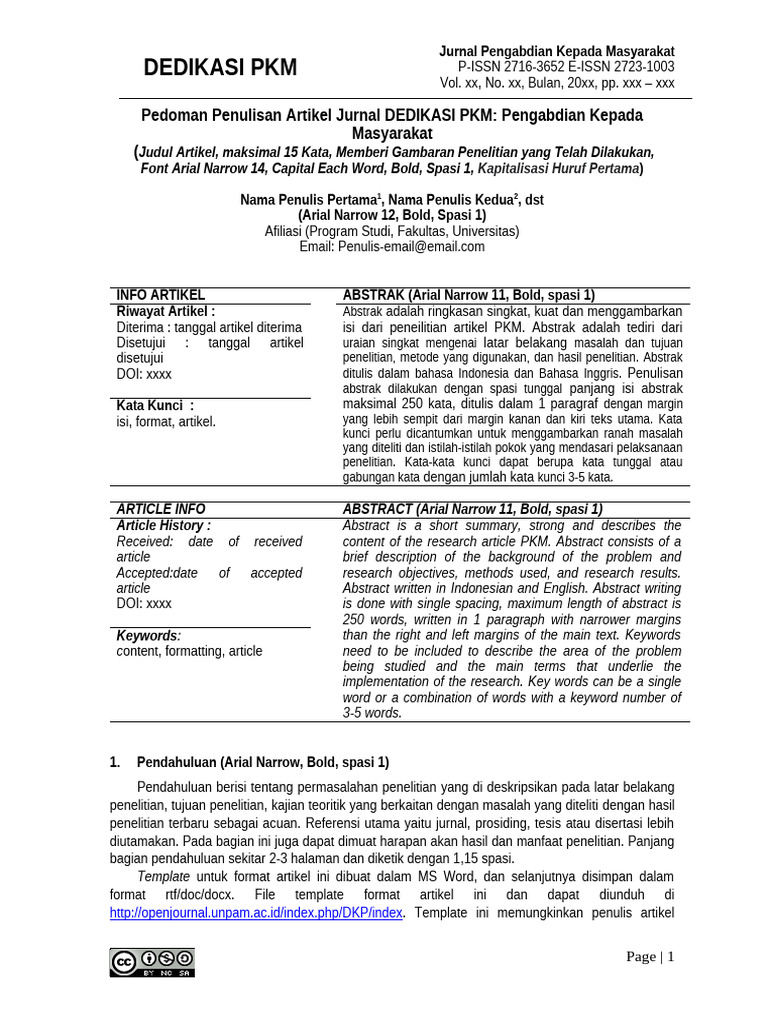 Pedoman Penulisan Artikel Jurnal PKM DEDIKASI 2023 | PDF | Seni